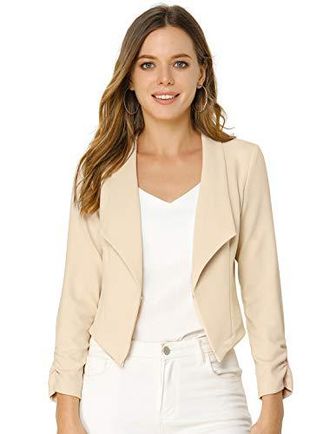 Allegra K Blazer Court Femme pour Bureau & Travail Veste Courte Cintré à Manches Longues avec Revers Cranté Devant Ouvert sans Bouton Beige XS