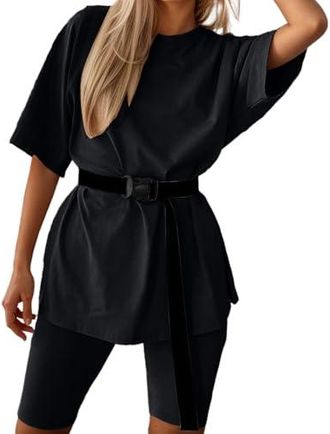 Generic Ensemble 2 pi&egrave;ces pour femme - T-shirt surdimensionn&eacute; - Short de motard - Tenue de sport d&eacute;contract&eacute;e avec ceinture - Ensemble assorti, Noir, XL