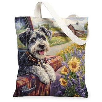 Generic Sac fourre-tout en toile motif schnauzer printanier pour faire du shopping, 33 x 38,1 cm, sac d&eacute;picerie r&eacute;utilisable pour femme, peinture danimaux dom