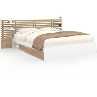 IDMarket Lit double SAVANA avec t&ecirc;te de lit, chevets, rangements et sommier 160 x 200 cm fa&ccedil;on h&ecirc;tre et blanc