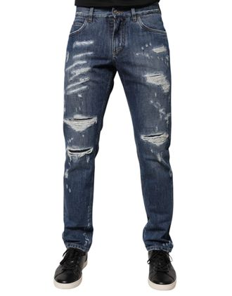 Dolce & Gabbana Mens Blue Cotton Tattered Skinny Denim Jeans Clothing