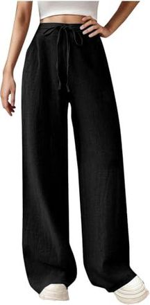 Generic Pantalon en coton et lin pour femme - Taille haute - Jambe large - Coupe d&eacute;contract&eacute;e - Taille &eacute;lastique - Pantalon de surv&ecirc;tement uni &agrave; enfiler - Ave