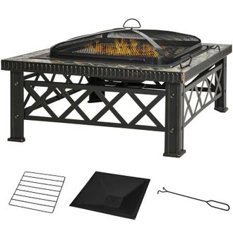 OUTSUNNY 3-in-1 Feuerschale Feuerkorb Feuerstelle mit Funkenschutz Grillrost Eisk&uuml;bel Garten bbq Schwarz 76cm x 76cm x 47cm - Outsunny