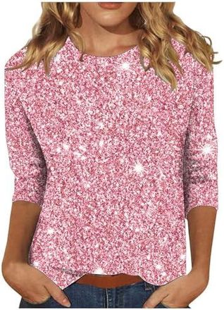 Generico Chemise &eacute;l&eacute;gante pour femme avec paillettes brillantes - Col rond avec fermeture &eacute;clair - Haut pour femme - Pour f&ecirc;te, printemps, vacances, f&ecirc;te, d&eacute;co