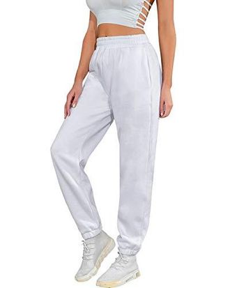 Heekpek Pantalon Jogging Femme en Coton Sport Yoga et Fitness en Hiver Élastique Taille Haute Pants avec Poche Pantalon de Training - Couleur : Blanc - Taille