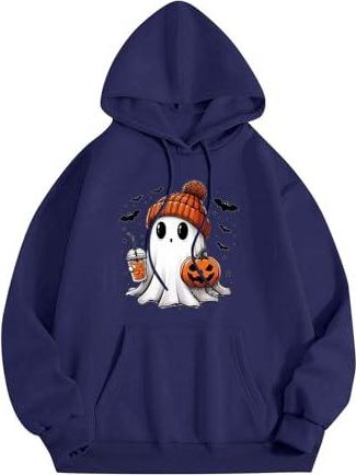 Generic Sweat &agrave; capuche pour femme - D&eacute;contract&eacute; - Tendance - Halloween - Imprim&eacute; - Revers - Manteau pour femme, bleu marine, M