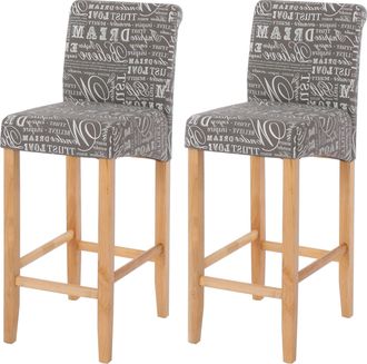 Mendler 2er-Set Barhocker HWC-C33, Barstuhl Tresenhocker, Holz - Schriftzug, grau, helle Beine, Stoff/Textil