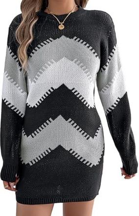 Generic Robe Pull Femme Tricotée Rayée Mini Bodycon à Manches Longues Col Rond Hiver Mode