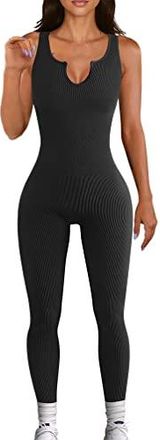 Minetom Femme Combinaison de Sport Sexy Slim Leggings Fitness Jumpsuit Une Pièces Slim Extensible sans Manches Bodysuit Running Gym Yoga Jumpsuit C Noir M