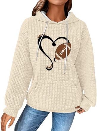 Generic Haut de pyjama décontracté pour femme avec imprimé rugby avec cordon de serrage et poche en coton, beige, XL