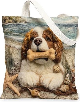 Generic Sac fourre-tout amusant en toile motif chien Saint-Bernard 33 x 38 cm, sac d&eacute;picerie r&eacute;utilisable pour femme, peinture danimaux domestiques, d&eacute;coratio