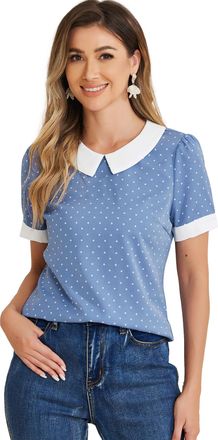 Allegra K Damen Kurzarm Bubikragen Punkte Oberteil Vintage Polka Dots Elegant Top Bluse Staubiges Blau S