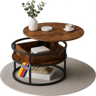 Coemo Couchtisch Swing Braun mit Verstellbarer Tischplatte & verdecktem Aufbewahrungsfach, Metall & Holz, Beistelltisch für Wohnzimmer, Sofatisch rund mit S