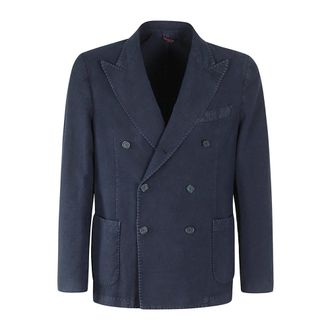Santaniello Doppelreihige Strukturierte Jacke aus Leinen und Baumwolle - - Jackets - Herren - Blau - M