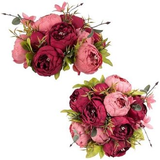 Nuptio Fleurs Artificielles Pivoine pour Centres: 2 Pièces 24cm Diamètre Rose et Rouge Fausses Fleurs de Pivoine Boules en Soie Bouquet de Mariage Centres de