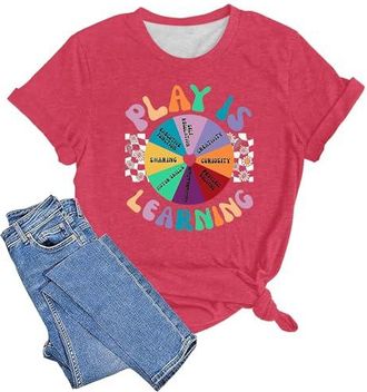 Generic T-shirt d&eacute;contract&eacute; pour femme avec inscription &laquo; Play is Learning Teacher &raquo; Teaching 2025 - Coupe ample - Joli et amusant - Lettre d&eacute;t&eacute; - T-shirt bas