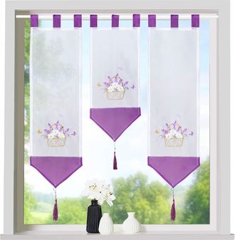 Heimtexland Scheibengardinen Set 3-teilig Lamellen Gardine Transparent Bestickt mit Schlaufen Lila Lavendel Typ710