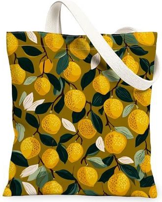 Generic Sacs fourre-tout en toile motif floral citron, sacs d&eacute;picerie r&eacute;utilisables, l&eacute;gers et lavables avec bandouli&egrave;re, jaune, 13x15 Inch