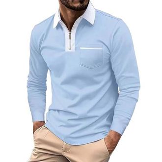Generic Polo pour homme, t-shirt &agrave; manches longues &agrave; revers d&eacute;contract&eacute; avec poche, t-shirt de sport, fermeture &eacute;clair, t-shirt daffaires confortable et respi