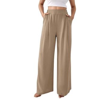 Generic Pantalon d&eacute;contract&eacute; &agrave; jambe large en modal doux pour femme avec poches taille haute, kaki, XXL
