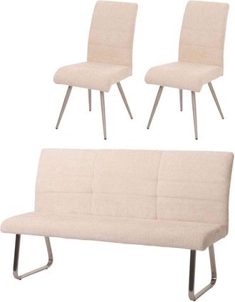 Hhg neuwertig] Esszimmer-Set 221, 2er-Set Stuhl + Sitzbank 180cm, Edelstahl geb&uuml;rstet Stoff/Textil Chenille creme