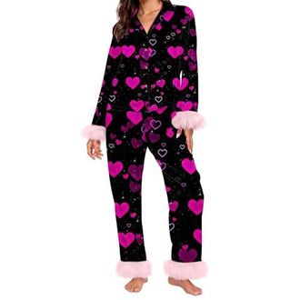 Generic Ensemble de pyjama en satin pour femme - V&ecirc;tement de nuit imprim&eacute; coeur - Haut et pantalon boutonn&eacute;s - Tenue 2 pi&egrave;ces - Pyjama en soie doux et confort