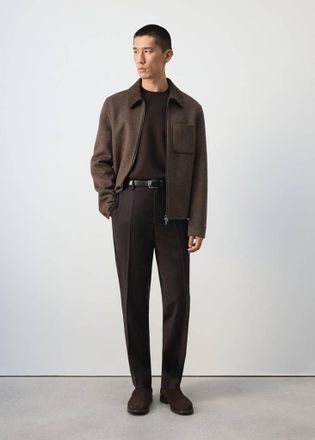 Mango VESTE EN LAINE ET CUIR AVEC POCHE chocolat - Homme - XXL - MANGO MAN