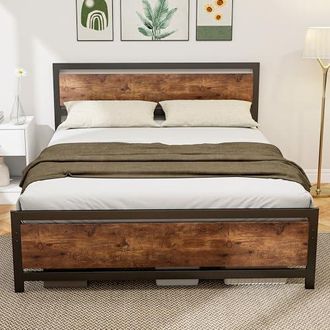 HOMCOM Cadre de lit Double 200 x 160 cm en Acier avec sommier et t&ecirc;te de lit Compatible Matelas Aspect Bois fonc&eacute;