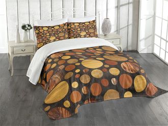 Abakuhaus Hölzern Tagesdecke Set, Brown Abstrakte Kreise, Set mit Kissenbezügen Maschienenwaschbar, für Doppelbetten 220 x 220 cm, Braun