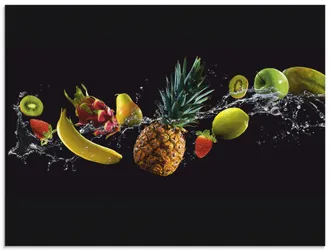 Artland ARTland Wanddeko Glasbilder Wandbild Glas Bild einteilig 60x45 cm Querformat Küchenbilder Obst Früchte Kiwi Erdbeere Orange Schwarz U1TG