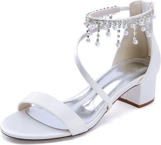 Generic Chaussures De Mariage Femme &Eacute;t&eacute; Talon Haut Sandales Satin&eacute;e Chunky Heels Bout Ouvert Mari&eacute;e Talons Bas 4.5CM,Blanc,37 EU