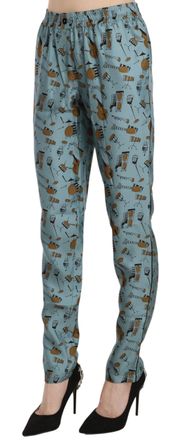 Dolce & Gabbana Womens Blue Musical Instruments Print Tapered Pants Silk
