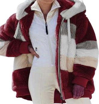 Generic Manteau rembourr&eacute; en laine dagneau contrastant pour femme, veste polaire, veste dautomne et dhiver, veste &agrave; capuche multicolore en peluche ample, bord