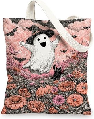 Generic Sacs fourre-tout en toile avec motif fantôme mignon, sacs dépicerie réutilisables, légers et lavables avec bandoulière pour salle de sport, voyage, pl