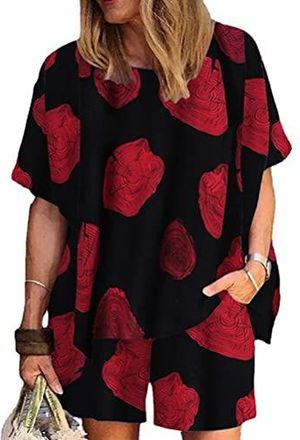 ORANDESIGNE Ensemble Femme Chic Et Elegant Ete Survêtement Bohème Couleur Unie 2 Piece Outfit Col Rond Manche Courte Tee Shirt Et Short Sport Costume Streetwear S