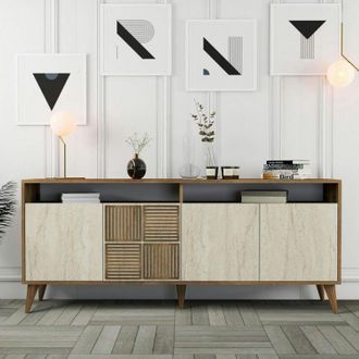 Pier Import Buffet moderne effet bois et travertin 4 portes 2 niches UMEA