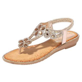 Generic 2026 Boh&ecirc;me Chaussures d&eacute;contract&eacute;es Sandales d&eacute;t&eacute; pour femme Bling Beach Crystal Flat Sandales pour femme, dor&eacute;, 38.5 EU