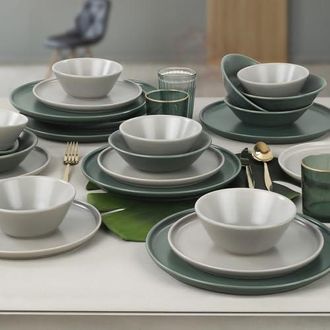Hermia Elegant 24-Piece Ceramic Dinner Set, Green & White | 100% Stoneware, Antibacterial, Microwave & Dishwasher Safe | Easy Clean, Thermal Shock Resistant