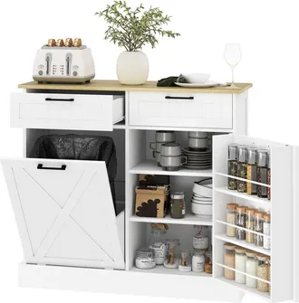HOMCOM Buffet cuisine - HOMCOM - meuble poubelle 38L - 2 tiroirs, &eacute;tag&egrave;re &agrave; &eacute;pices et plan de travail - MDF - 100 x 36 x 90 cm - blanc