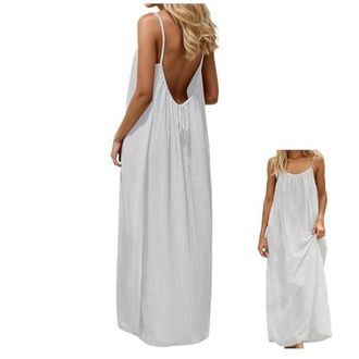 Generic Womens Solid Color Backless Cami Dress,Adjustable Sleeveless Spaghetti Strap Flowy Maxi Sundress Tie Back Beach Vacation Outfit (White,TG)