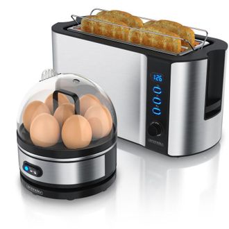 Arendo 2-teiliges Fr&uuml;hst&uuml;cksset, 7er Eierkocher & Langschlitz Toaster f&uuml;r 4 Scheiben, Silber - Arendo