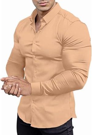 Generic Chemise &agrave; manches longues pour homme - &Eacute;l&eacute;gante chemise de loisirs - Coupe ajust&eacute;e - Col montant - Chemise traditionnelle - Stretch - Chemise &agrave; manche
