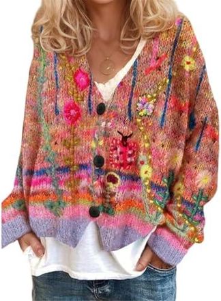 Generic Cardigan dautomne en coton tricoté à col en V, cardigan décontracté extensible à motif marguerite pour femme, Motif 01, XL