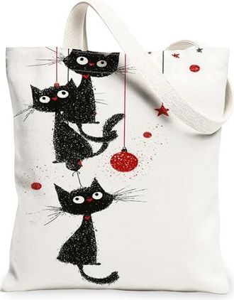 Generic Sacs fourre-tout en toile motif chat de vacances, sacs d&eacute;picerie r&eacute;utilisables, amusants pour lhiver, fantaisie, l&eacute;gers et lavables, blanc, 13x15 Inch
