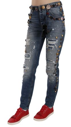Dolce & Gabbana Womens Distressed Embellished Buttons Jeans Blue Cotton