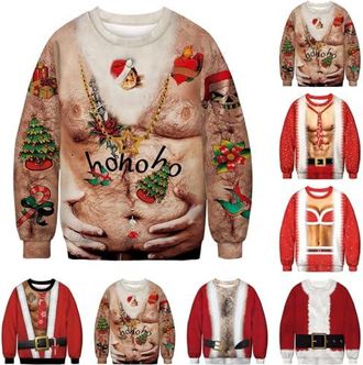 Generic Sweat-shirt de Noël moche pour homme - Haut de poitrine poilue grossière - Tenues de Noël amusantes - Costumes de Noël surdimensionnés à manches longu