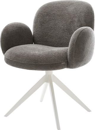 DELIFE Esszimmerstuhl Nube-Flex mit Armlehnen Kreuzgestell breit Wei&szlig; Boucl&eacute; Soft Schlamm 360&deg; drehbar Wippfunktion Taschenfederkern