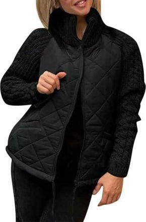 Generic Veste bouffante en tricot patchwork pour femme - Fermeture &eacute;clair - Manches longues - Chaud - Col matelass&eacute;, Noir, XXL
