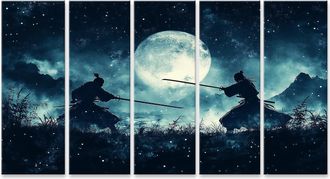 Islandburner Leinwandbild Zwei Samurai im Mondlicht unter sternenklarem Himmel - Leinwand 160x80cm - 5 Teile XXL