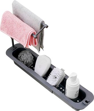 Generico Geschirrtuchhalter: Trocknungsgitter f&uuml;r die Sp&uuml;le, ausziehbar, mit Abtropfschale und Handtuchstange, verstellbare Gr&ouml;&szlig;e f&uuml;r feuchte T&uuml;cher und D-Schw